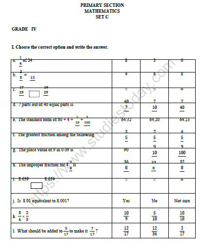 CBSE Class 4 Mathematics Worksheet Set L CBSE Class 4 Mathematics Worksheet Set L